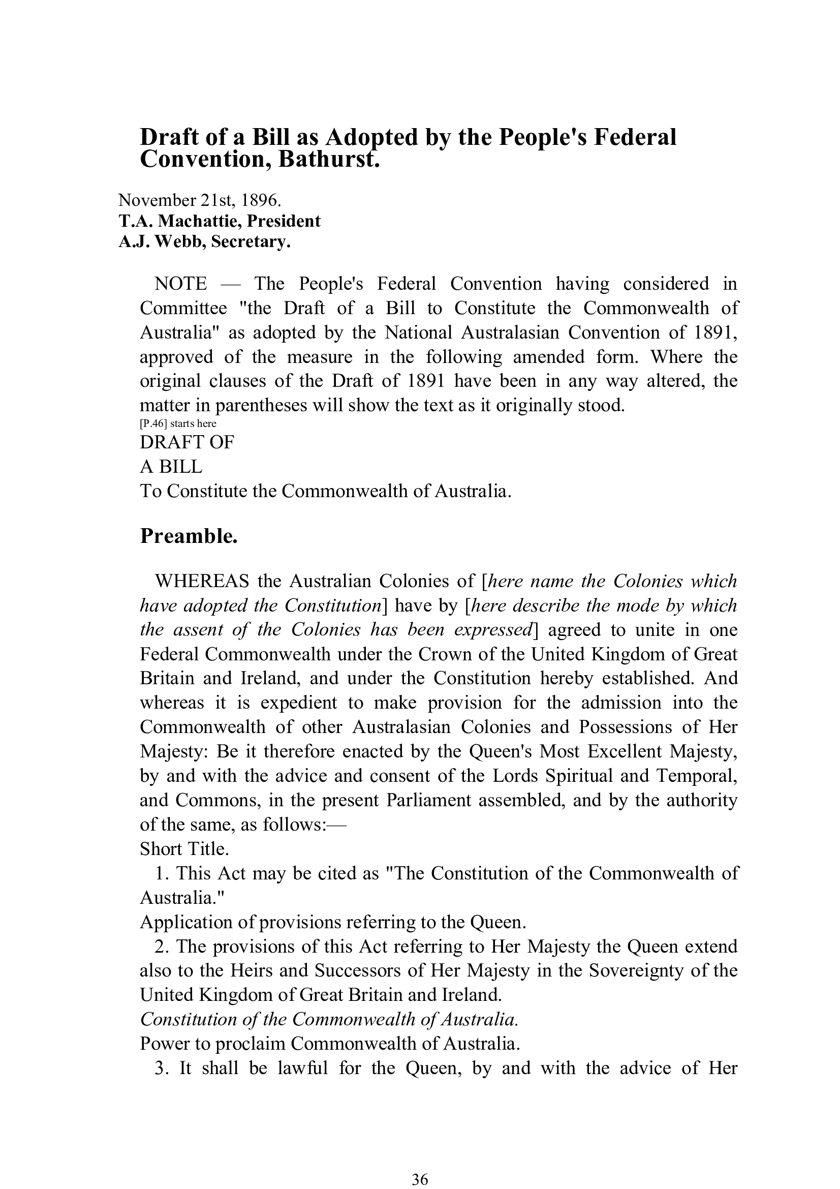 Proceedings of the People's Federal Convention Bathurst, November 1896 ...